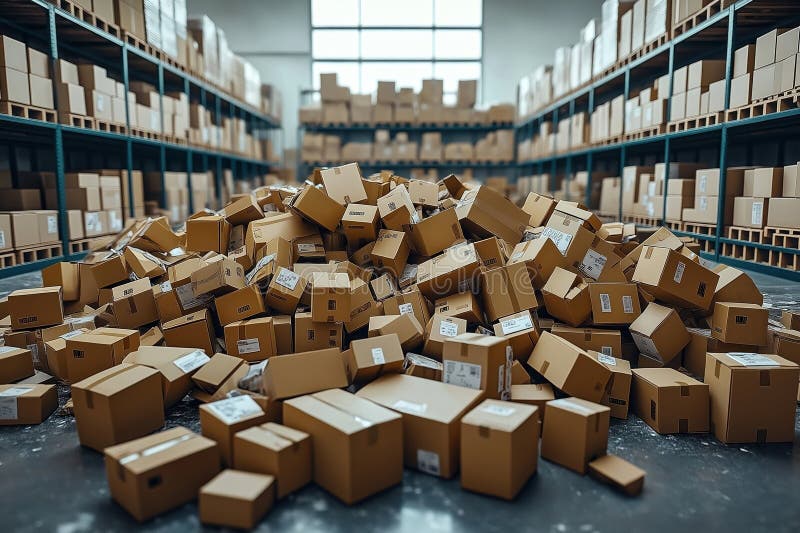 Warehouse Interior Shows Overflowing Cardboard Boxes Piled Chaotically ...