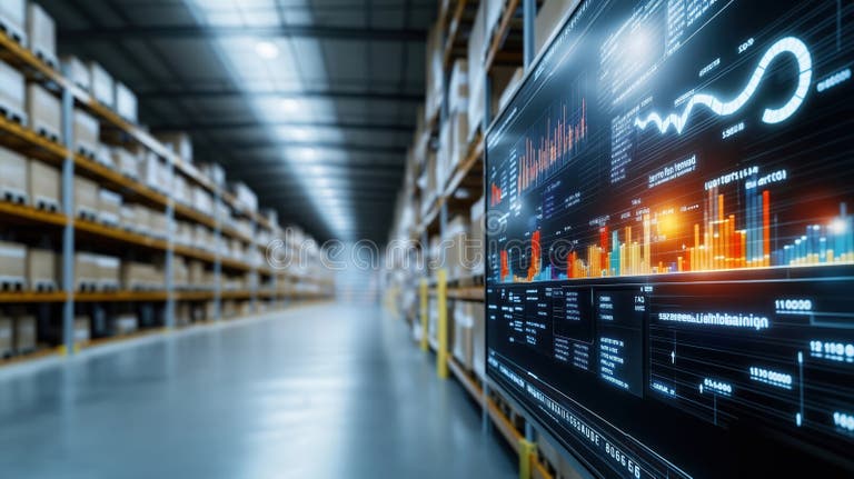 Warehouse Interior Shows Tech Interface with Inventory Tracking Data ...