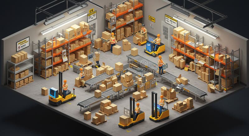Warehouse Interior with Six Workers Managing Logistics. Features ...