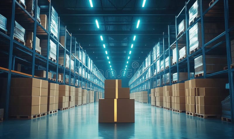 Warehouse Interior with Stacked Boxes and Shelves, Bright Lighting ...