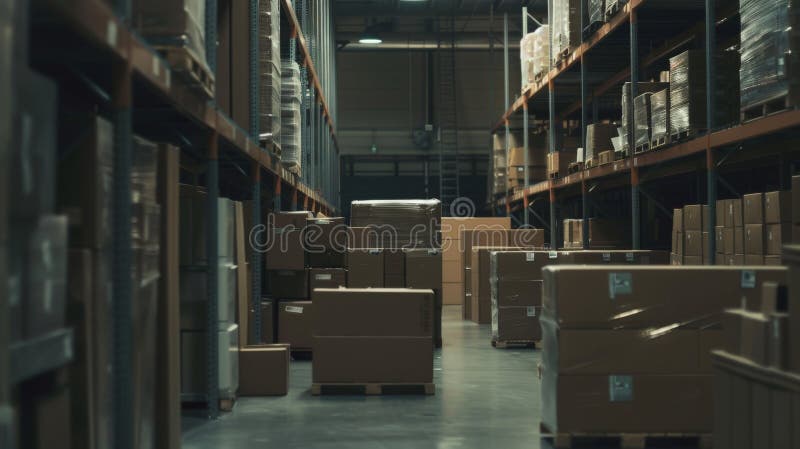 Warehouse Interior with Stacked Cardboard Boxes and Pallets in Storage ...