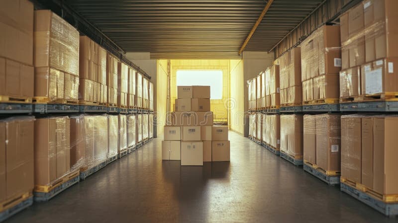 Warehouse Interior, Stacked Cardboard Boxes, Storage Aisle, Organized ...