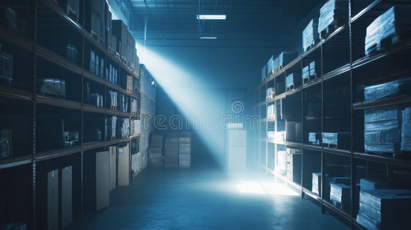Warehouse Interior with Sunlight Beam Illuminating Storage Shelves ...