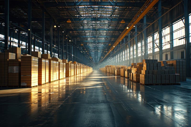 Warehouse Interior with Sunlight and Stacked Boxes. Stock Photo - Image ...
