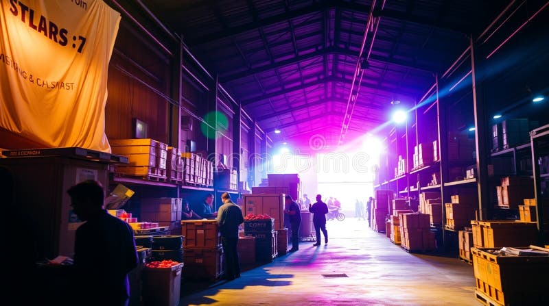 Warehouse Interior with Workers Managing Boxes and Crates Bright Light ...