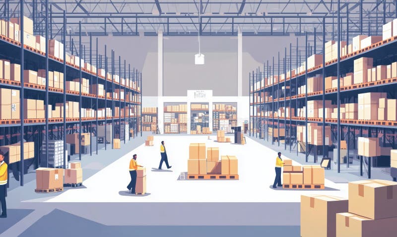 Warehouse Interior with Workers Organizing Boxes and Pallets, Modern ...