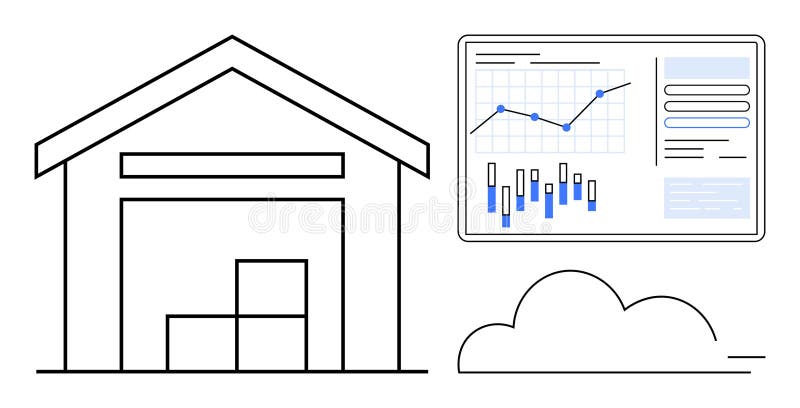 Warehouse with Inventory and Analytics Dashboard Displaying Graphs ...