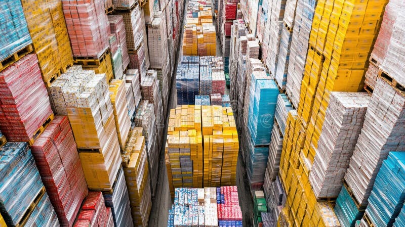 Warehouse Inventory Logistics Showing Colorful Packages Stacked High on ...