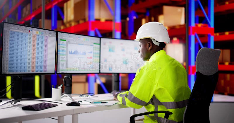 Warehouse Inventory Management on Computer Stock Image - Image of vest ...