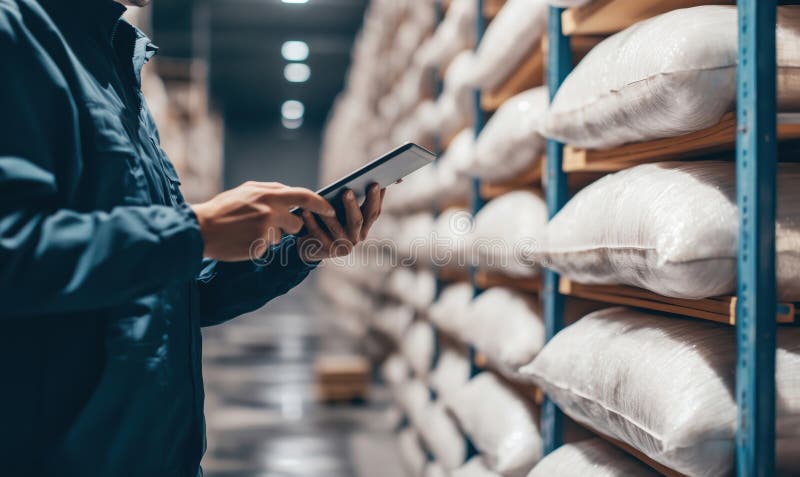 Warehouse Inventory Management, Worker Using Tablet, Stacks of Bags on ...