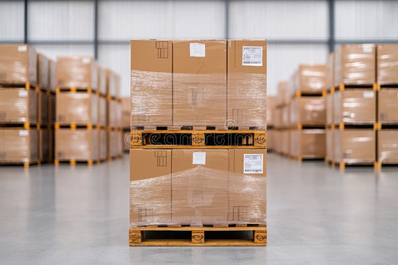 Warehouse Inventory: Rows of Cardboard Boxes on Pallets, Efficient ...