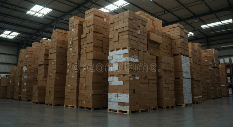 Warehouse Inventory Storage Rows of Stacked Cardboard Boxes in a Large ...