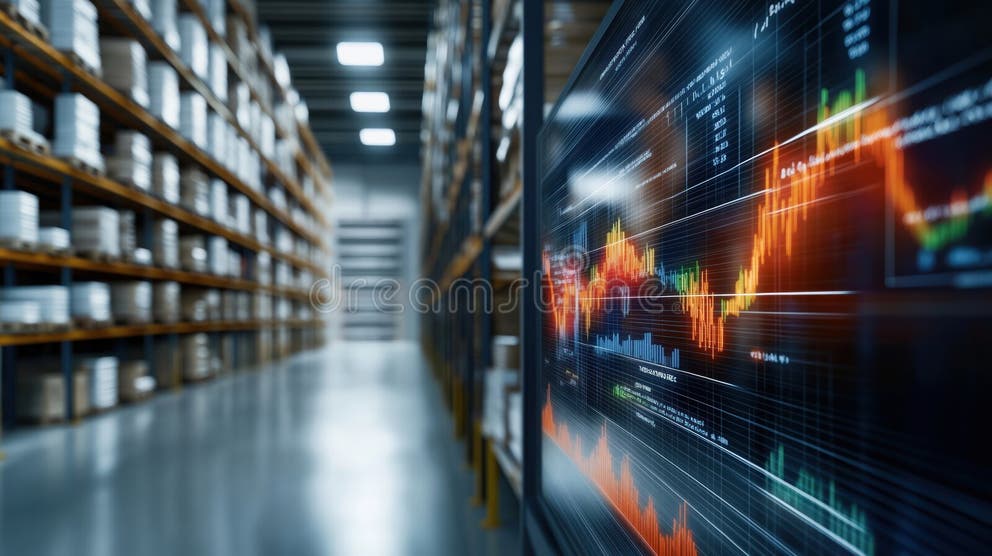 Warehouse Inventory Tracking System. Large Screen Displays Graphs, Data ...