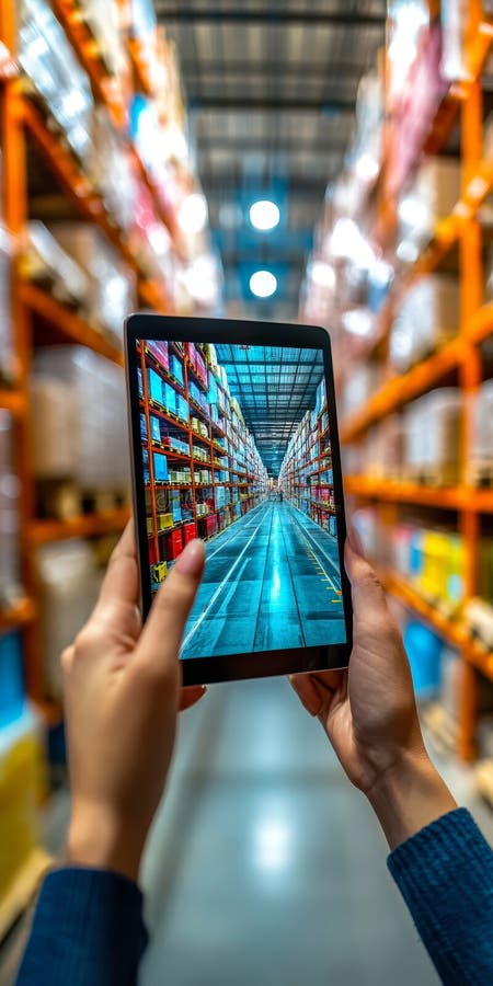 Warehouse Inventory, Worker with Tablet Real-Time Tracking, Logistics ...