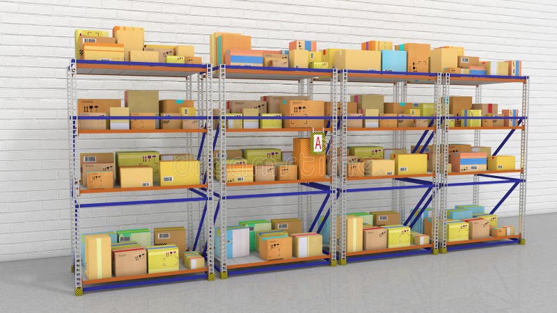 Warehouse with Iron Racks and Boxes on Them. 3d Render Stock ...