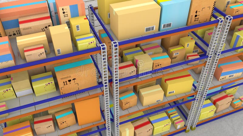 Warehouse with Iron Racks and Boxes on Them. 3d Render Stock ...