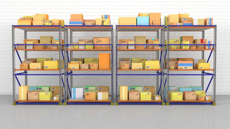Warehouse with Iron Racks and Boxes on Them. 3d Render Stock ...