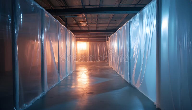 Warehouse Lair Partitioned by Plastic Sheeting with a Cool Light Glow ...