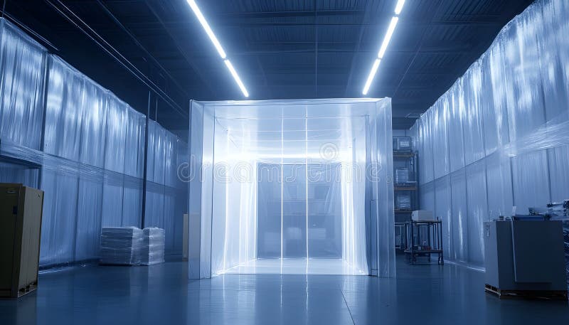 Warehouse Lair Partitioned by Plastic Sheeting with a Cool Light Glow ...