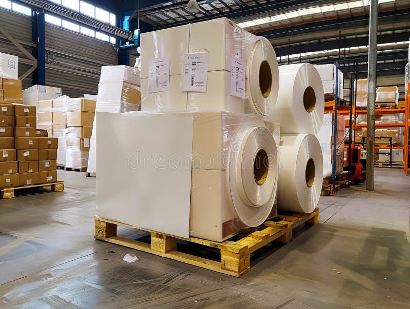 A Warehouse with Large Rolls of Paper on Pallets Stock Photo - Image of ...