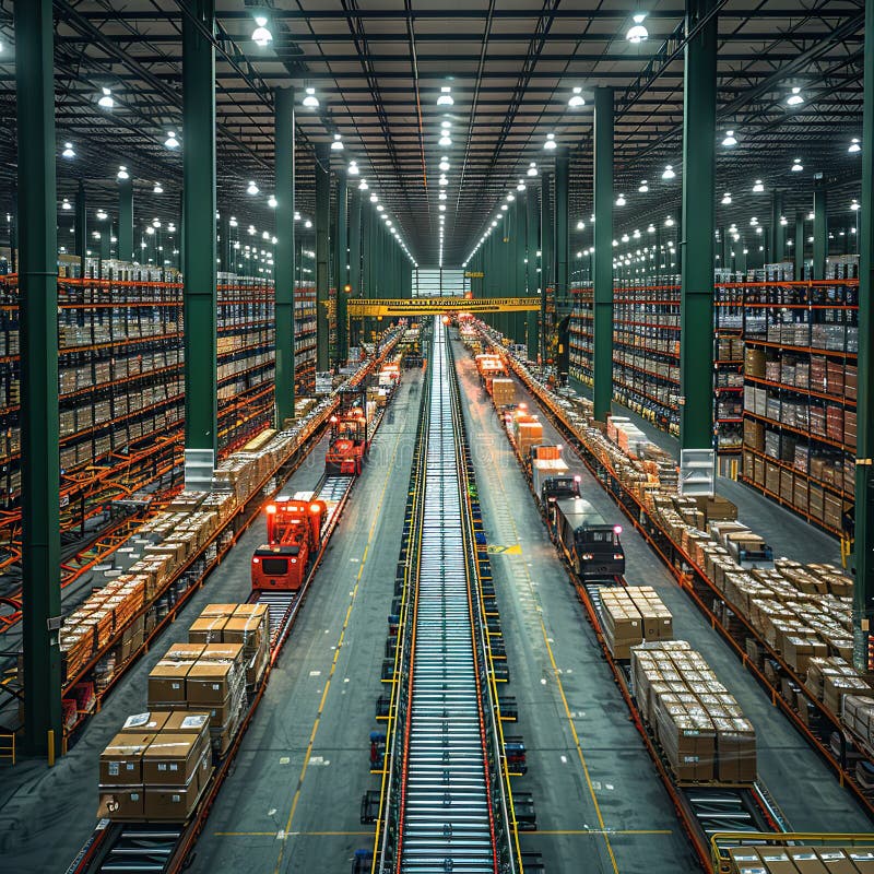 Warehouse Interior with Shelves, Pallets, Boxes and Loader. Created ...