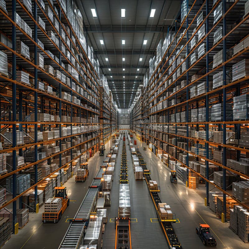 Warehouse Interior with Shelves, Pallets, Boxes and Loader. Created ...