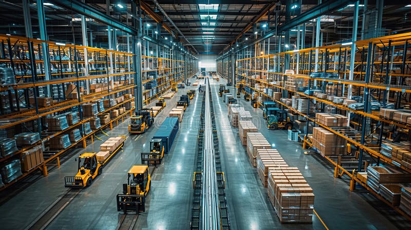 Warehouse Interior with Shelves, Pallets, Boxes and Loader. Created ...