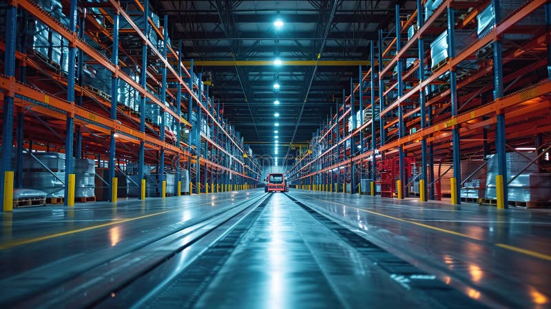 Warehouse Interior with Shelves, Pallets, Boxes and Loader. Created ...