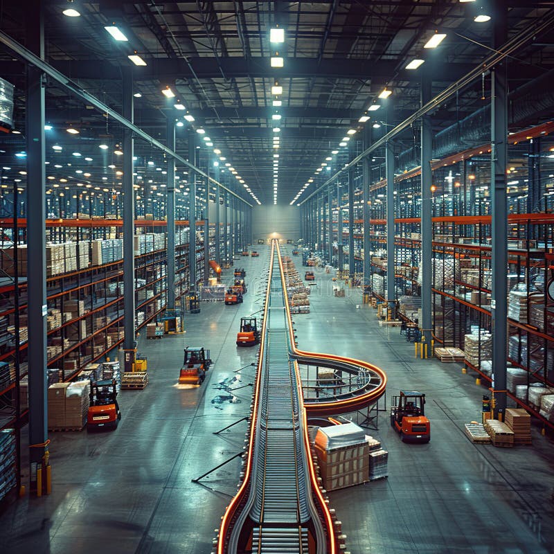 Warehouse Interior with Shelves, Pallets, Boxes and Loader. Created ...