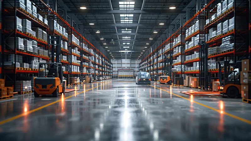 Warehouse Interior with Shelves, Pallets, Boxes and Loader. Created ...