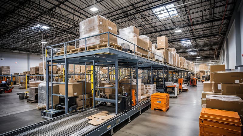 Warehouse Interior with Shelves, Pallets, Boxes and Loader. Created ...