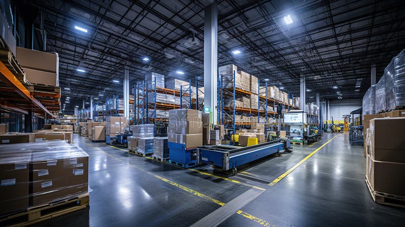 Warehouse Interior with Shelves, Pallets, Boxes and Loader. Created ...