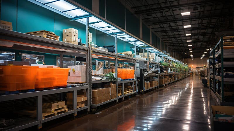 Warehouse Interior with Shelves, Pallets, Boxes and Loader. Created ...