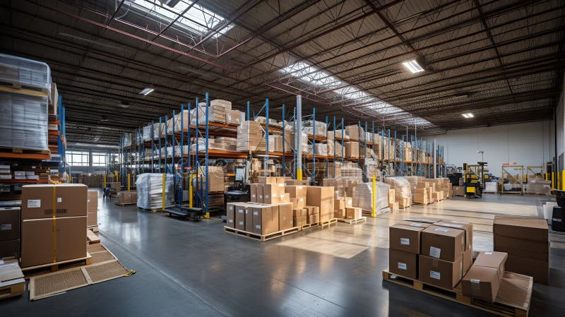 Warehouse Interior with Shelves, Pallets, Boxes and Loader. Created ...