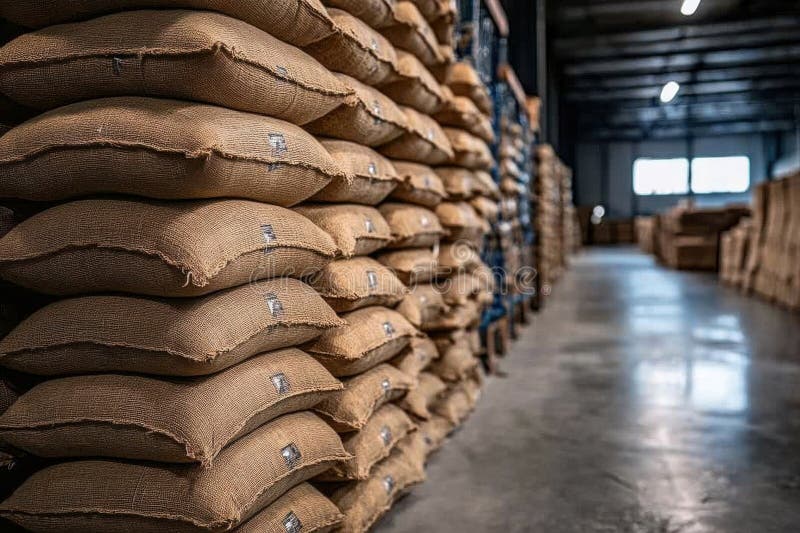 A Warehouse with a Large Stack of Bags of Rice Stock Image - Image of ...