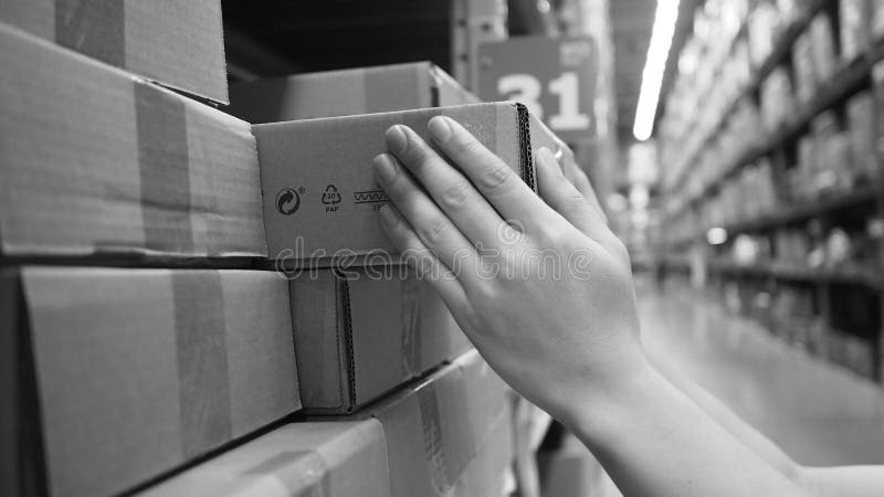Warehouse Large Storage or Cargo for Distribution and Man`s Hand is ...