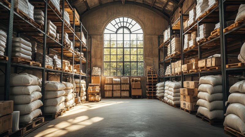 Warehouse with Large Windows and Stacks of Packaged Goods in Rustic ...