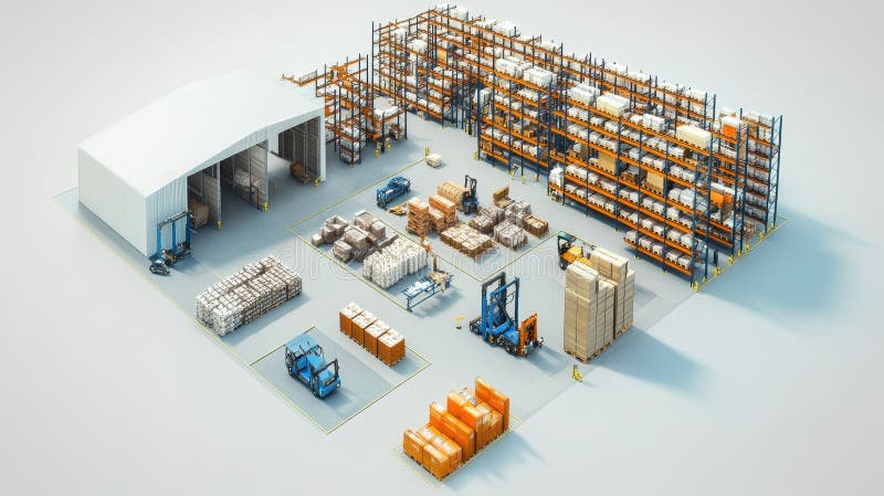 A Warehouse Layout Showcasing Storage, Equipment, and Goods for ...
