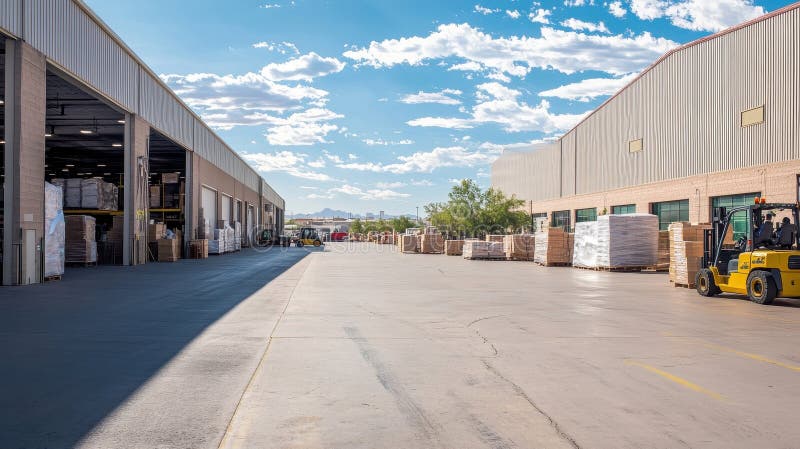 A Warehouse Loading Area with Pallets and a Forklift Under a Blue Sky ...