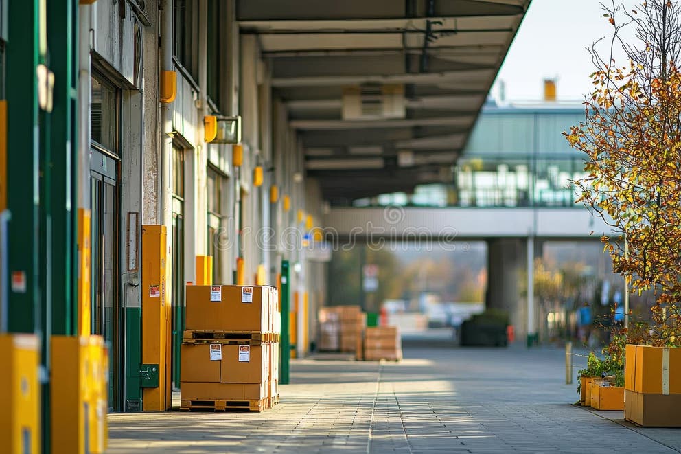 Warehouse Loading Dock with Packages and Conveyor System in Bright ...