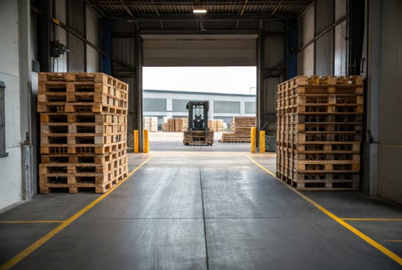 Warehouse Loading Dock with Stacked Pallets and Forklift Ready for ...