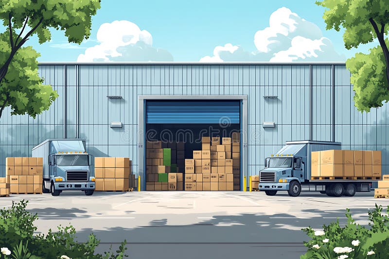 Warehouse Loading Dock with Trucks and Boxes Cartoon Style Illustration ...