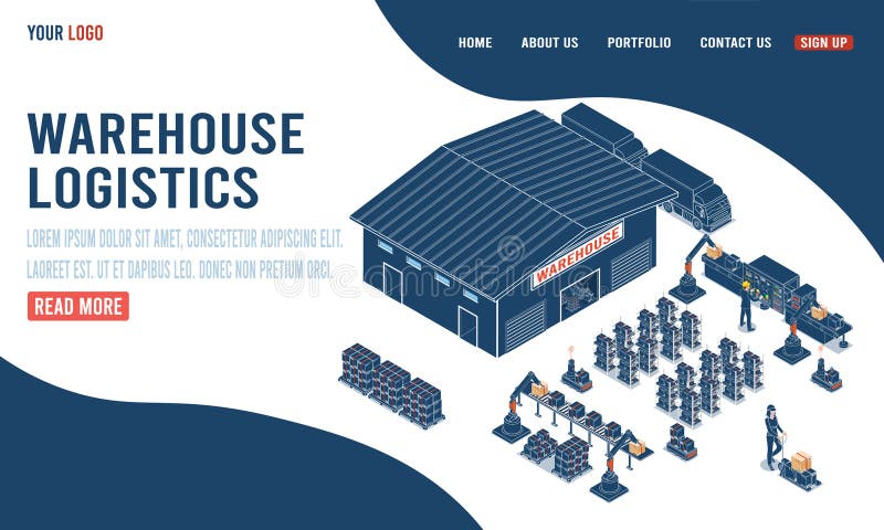 Warehouse Logistic Landing Page Template with Workers Loading Products on Belt Conveyor and ...