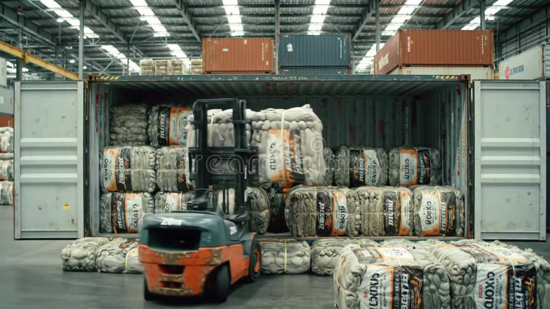 Warehouse Logistics: Forklift Loading Bales into Shipping Container for ...