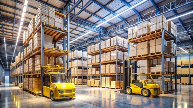 Warehouse Logistics Forklifts and High-Bay Storage Stock Illustration ...