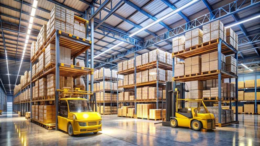 Warehouse Logistics Forklifts and High-Bay Storage Stock Illustration ...