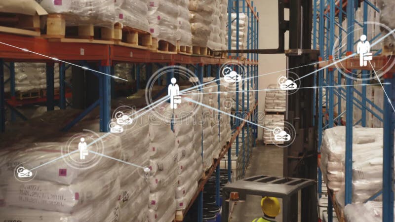Warehouse Logistics and Network Connections Animation Over Worker ...