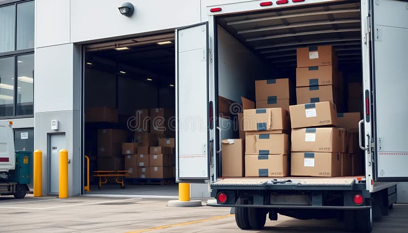 Warehouse Logistics Shipping Delivery Truck with Packages and Cargo ...
