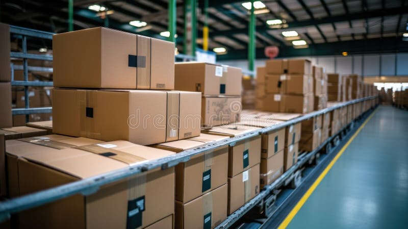 A Conveyor Belt with Boxes Stacked on it in a Warehouse, AI Stock ...