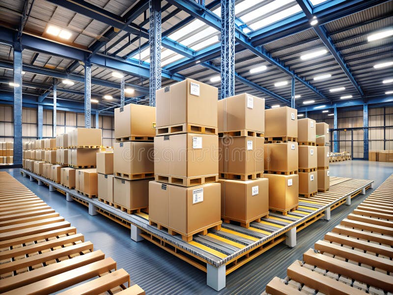 A Warehouse with a Lot of Boxes Stacked on Pallets Stock Illustration ...